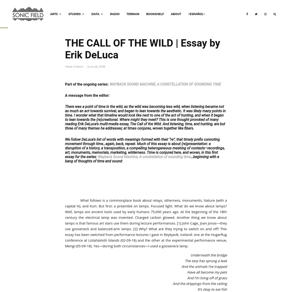 THE CALL OF THE WILD | Essay by Erik DeLuca — Are.na