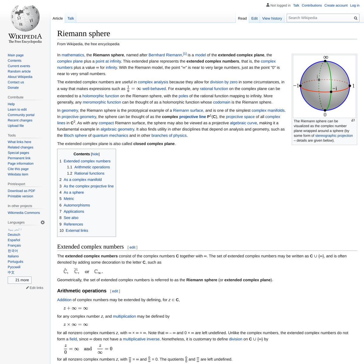 Riemann sphere - Wikipedia — Are.na