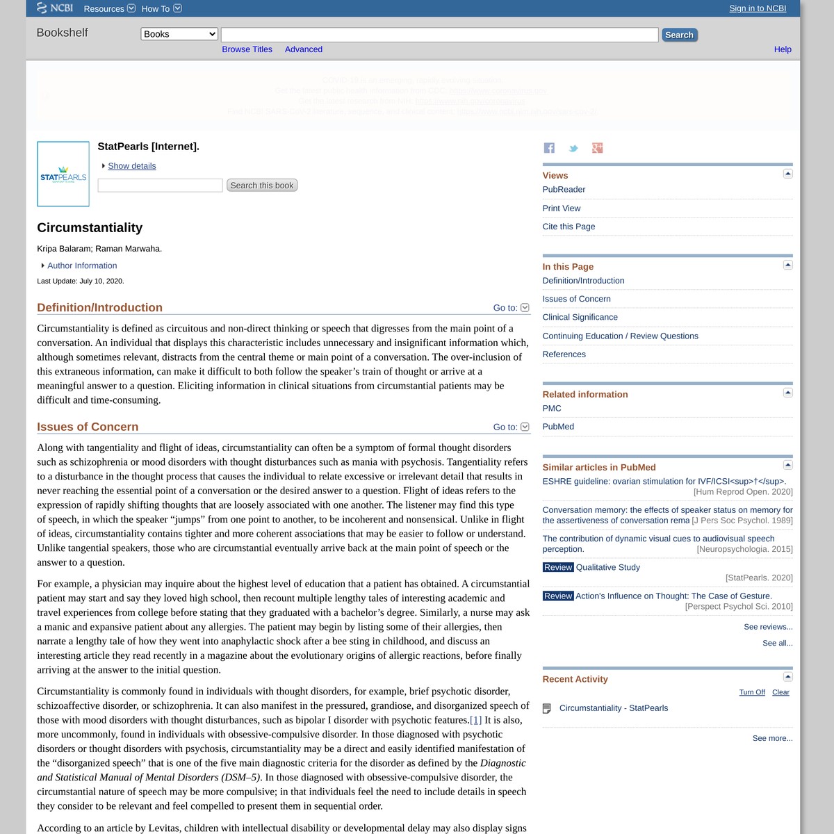 Circumstantiality - StatPearls - NCBI Bookshelf — Are.na