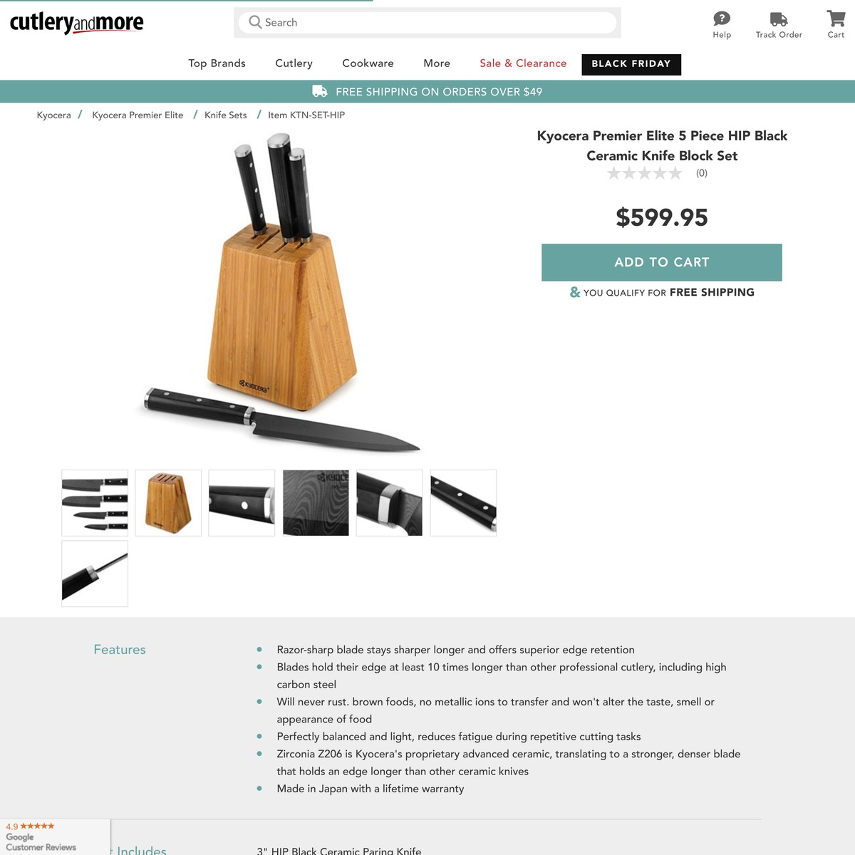 Kyocera Premier Elite HIP Black Ceramic Knife Block Set, 5 Piece ...