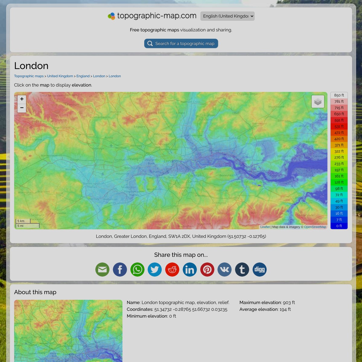 London topographic map, elevation, relief — Are.na