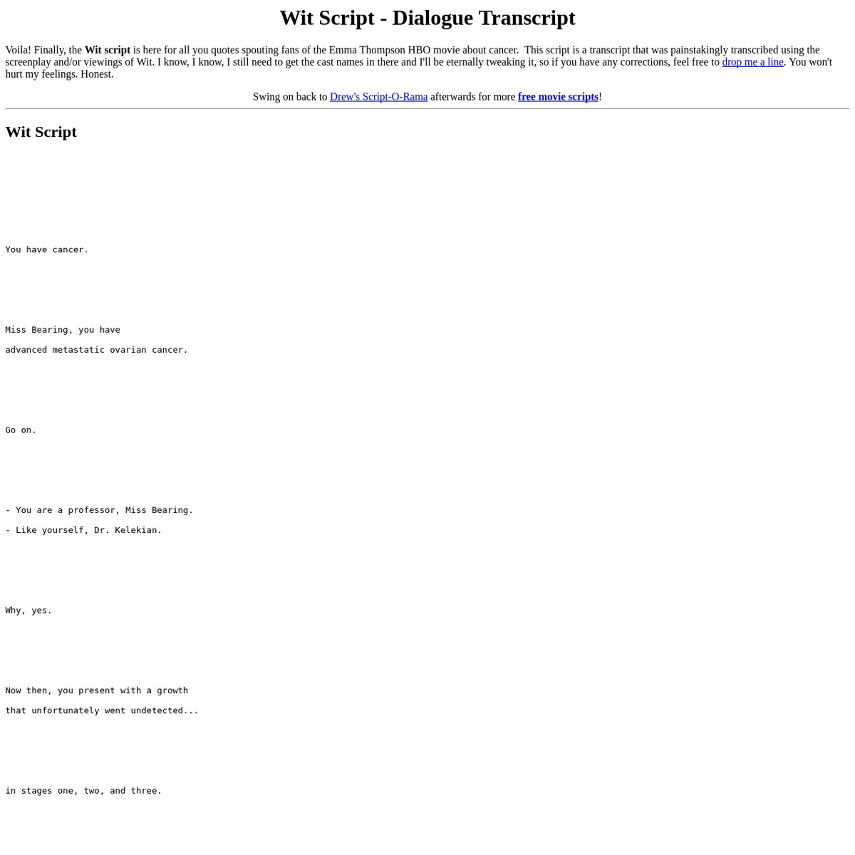 Wit Script - transcript from the screenplay and/or Emma Thompson HBO ...