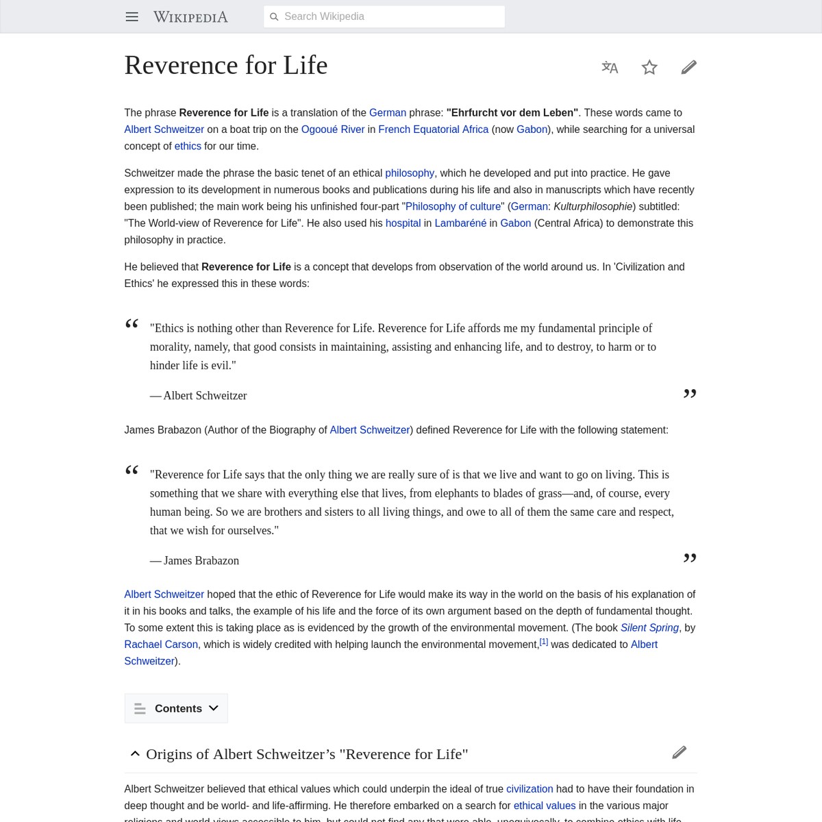 Reverence for Life - Wikipedia — Are.na