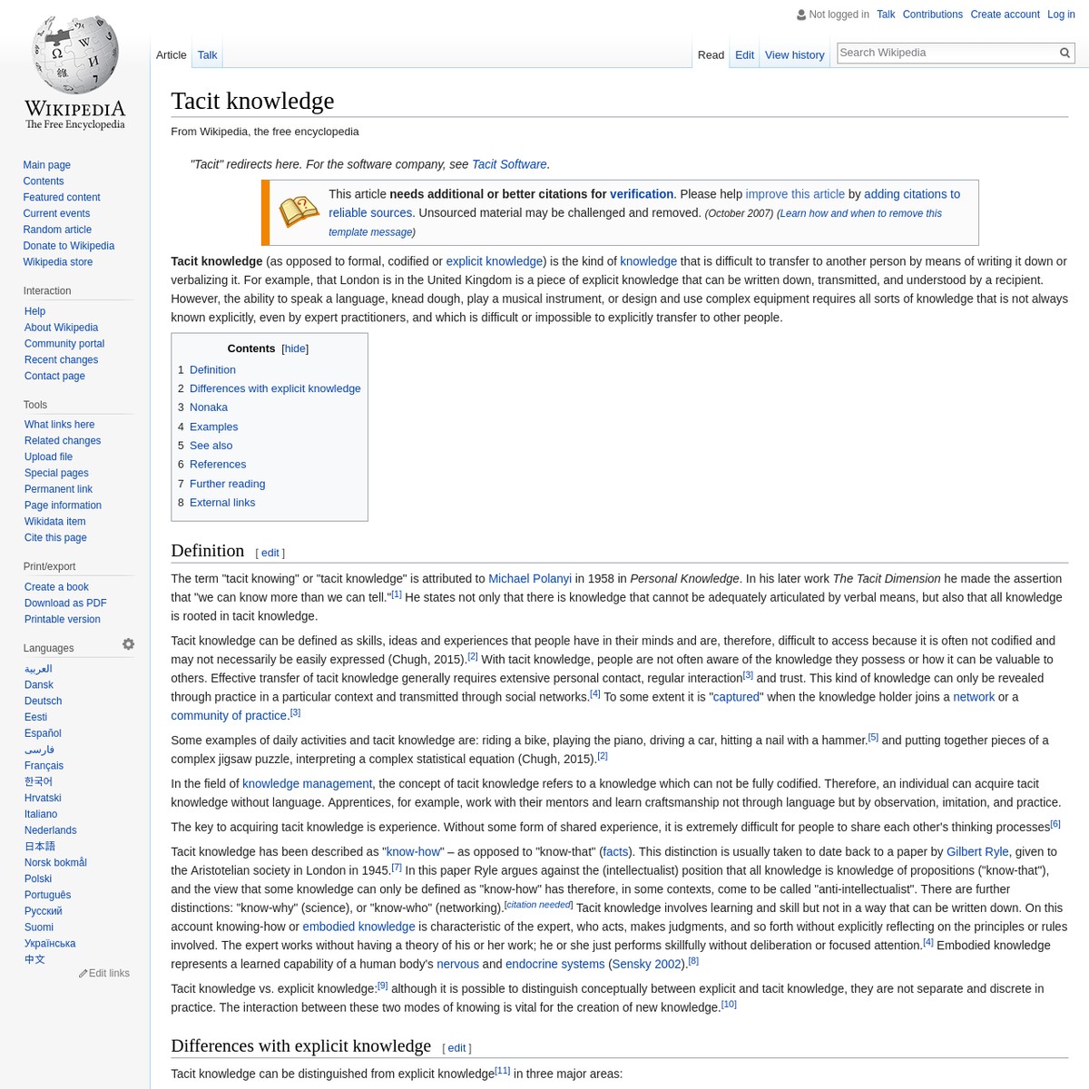 Tacit knowledge - Wikipedia — Are.na