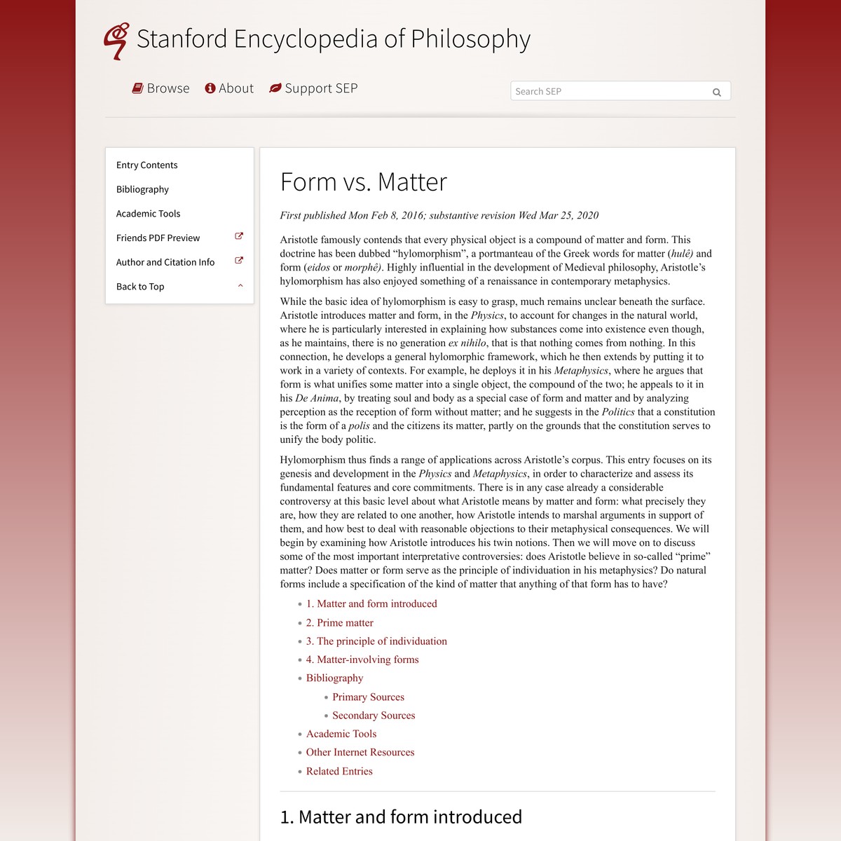 Form vs. Matter (Stanford Encyclopedia of Philosophy) — Are.na