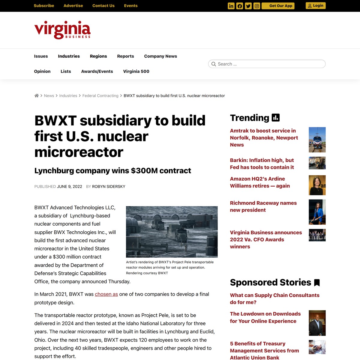 BWXT subsidiary to build first U.S. nuclear microreactor - Virginia ...