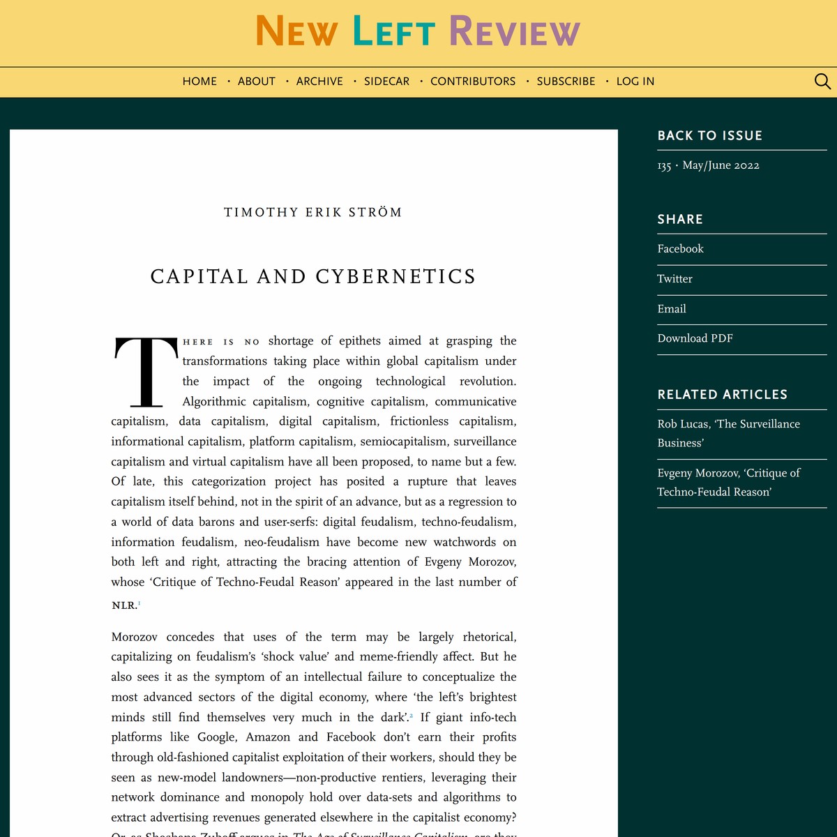 Timothy Erik Ström, Capital and Cybernetics, NLR 135, May–June 2022 ...