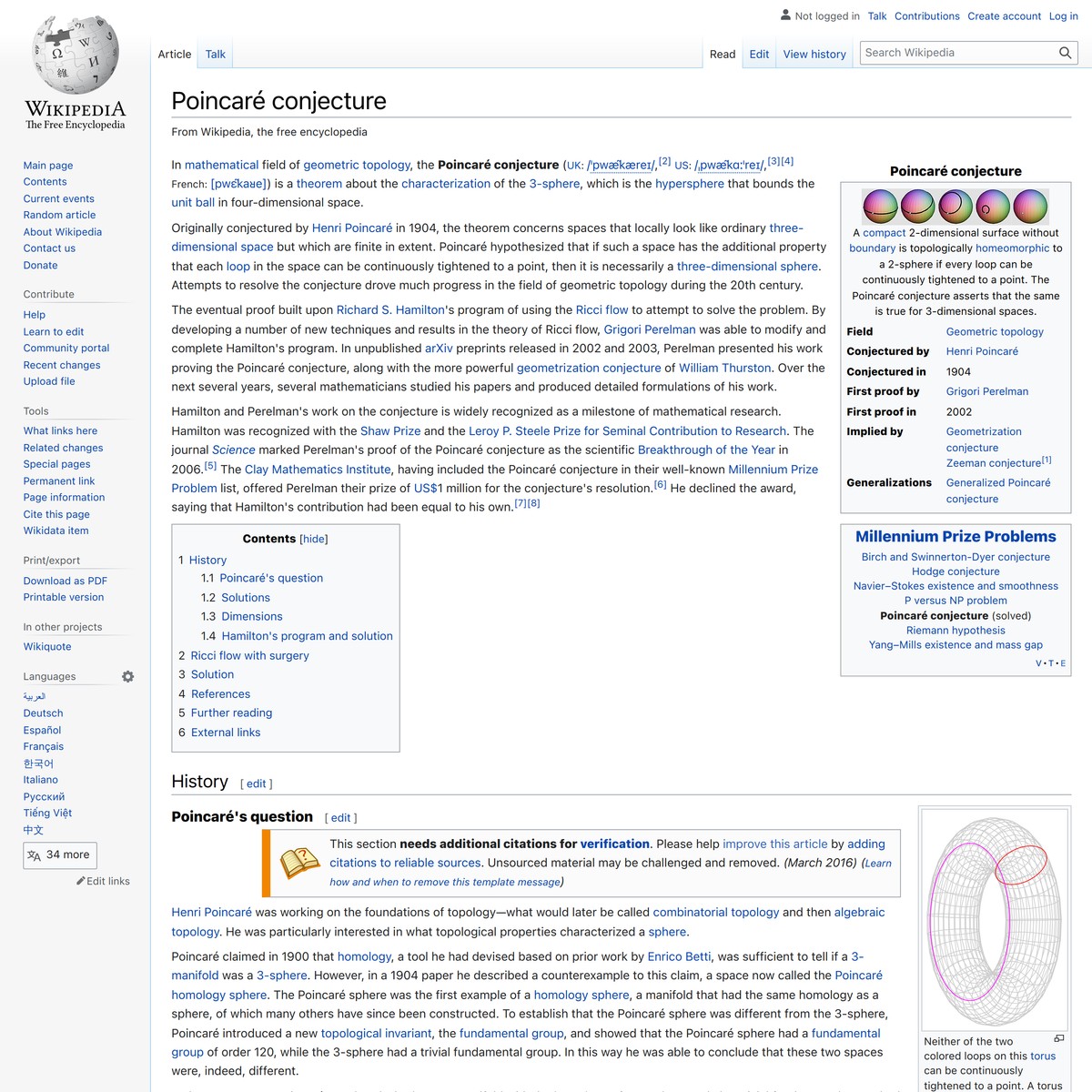 Poincaré conjecture - Wikipedia — Are.na