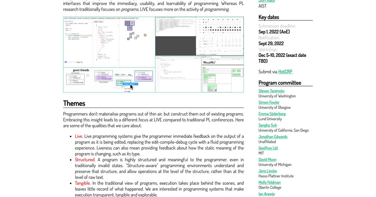 Workshop on Live Programming (LIVE) | Are.na