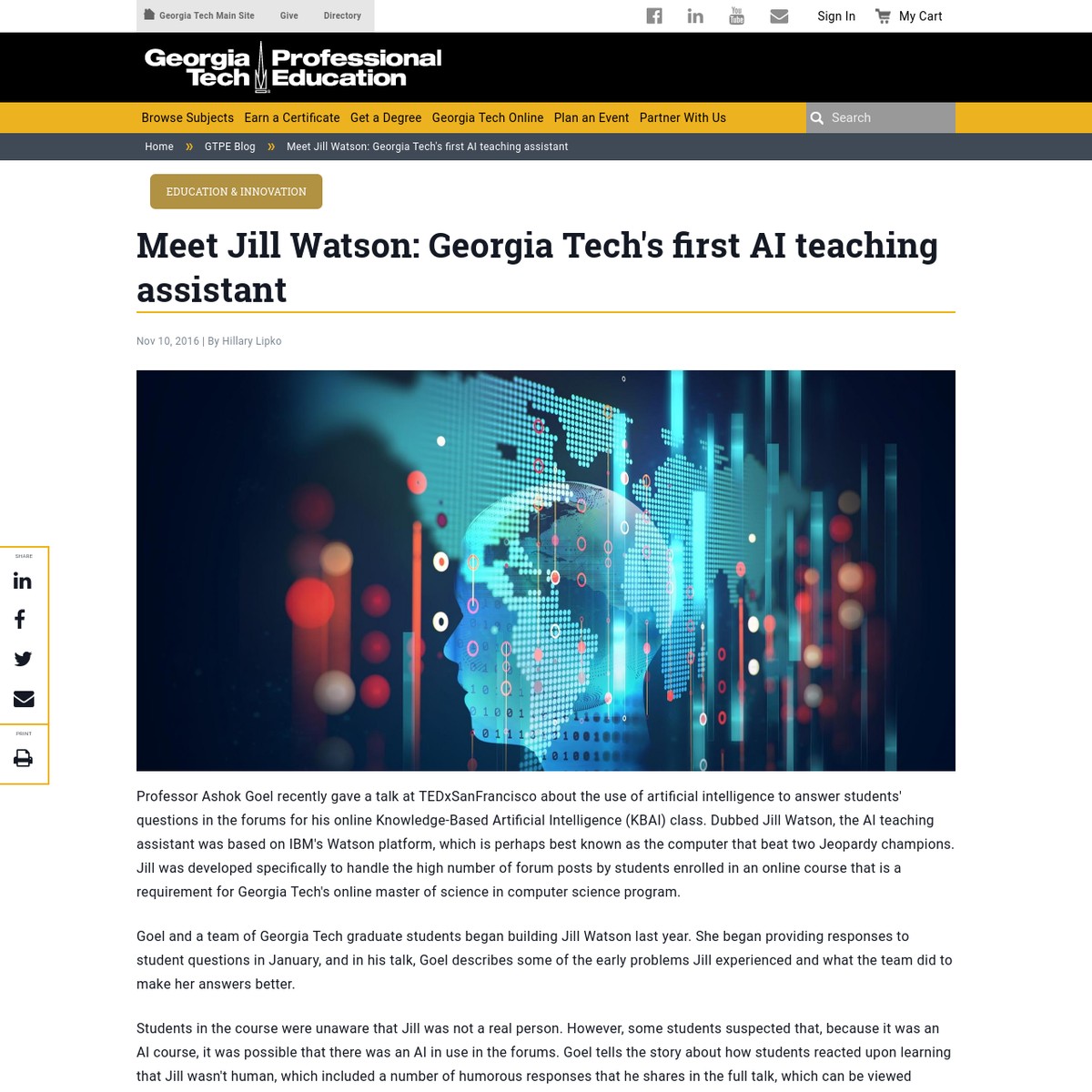 Meet Jill Watson: Georgia Tech's first AI teaching assistant — Are.na
