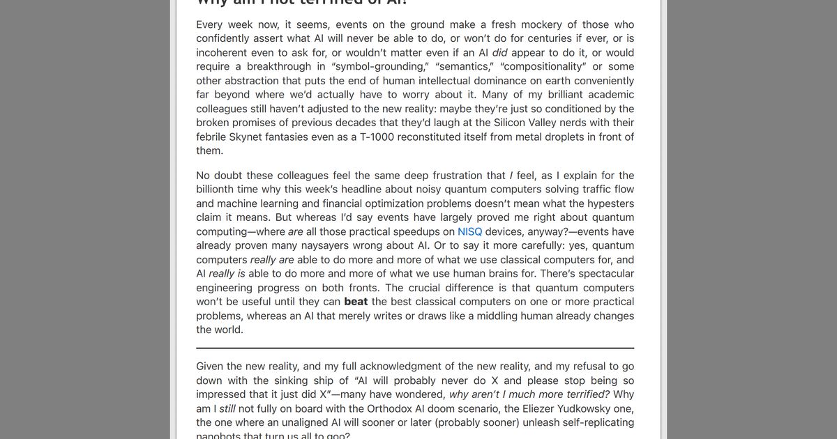 Shtetl-Optimized » Blog Archive » Why am I not terrified of AI? | Are.na