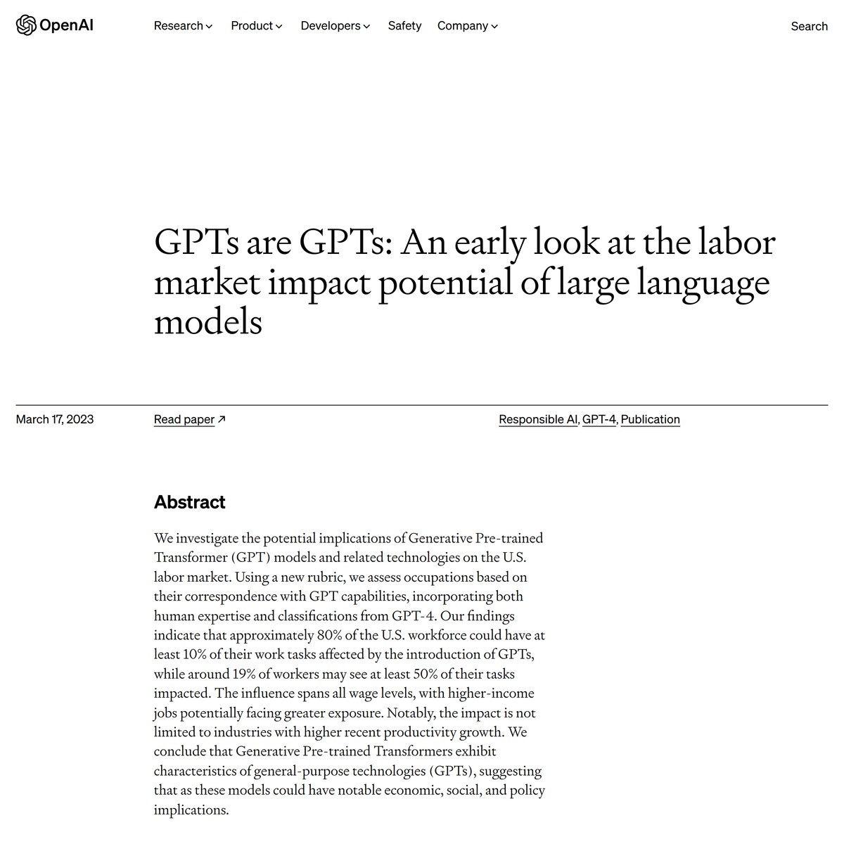 GPTs are GPTs: An early look at the labor market impact potential of ...