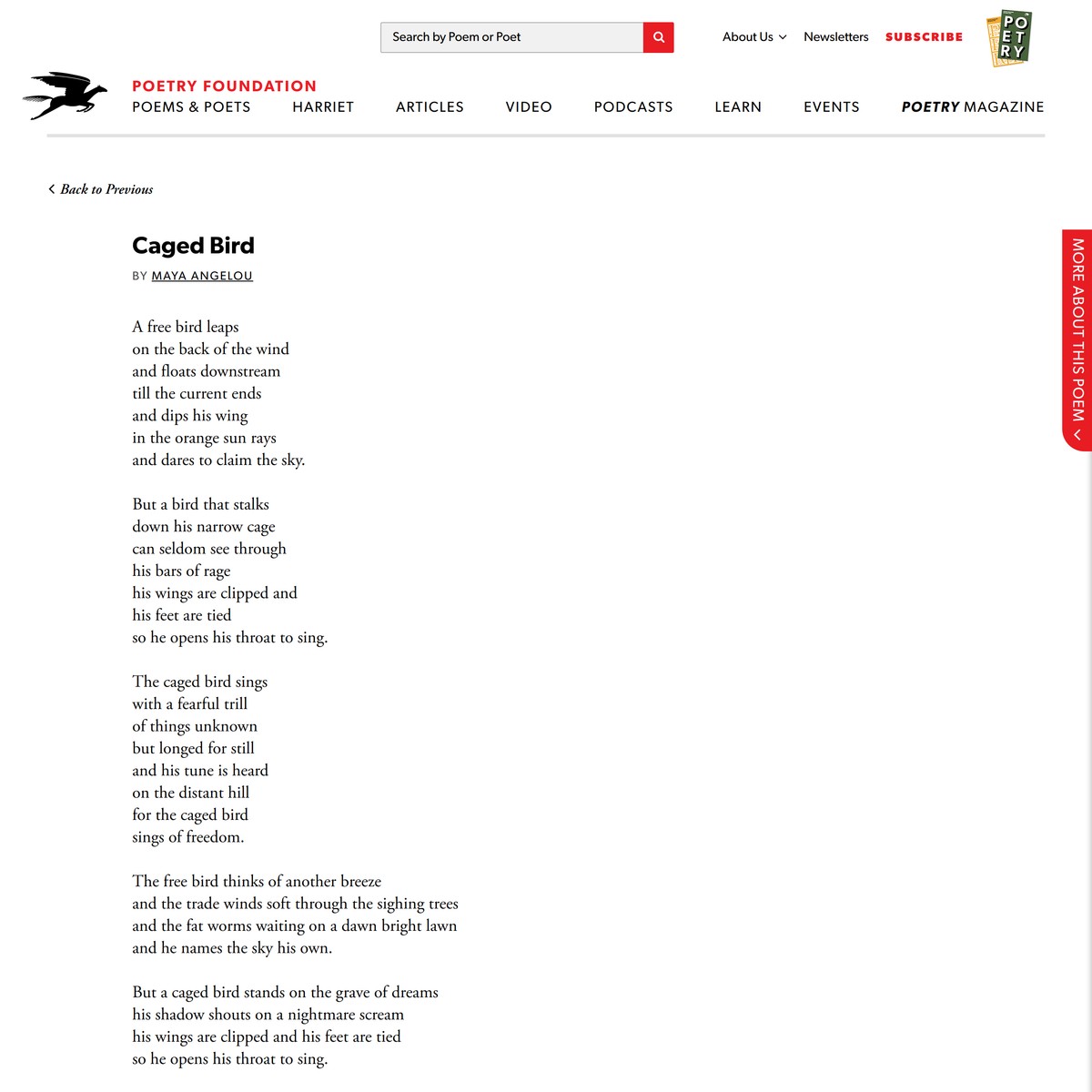 Caged Bird by Maya Angelou | Poetry Foundation — Are.na