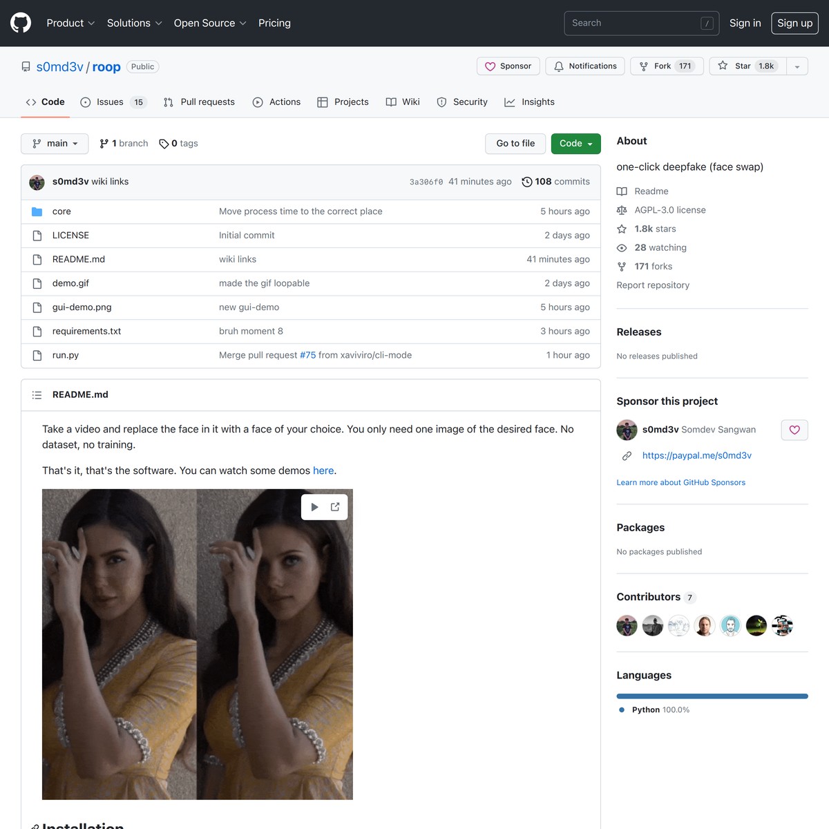 GitHub - s0md3v/roop: one-click deepfake (face swap) — Are.na