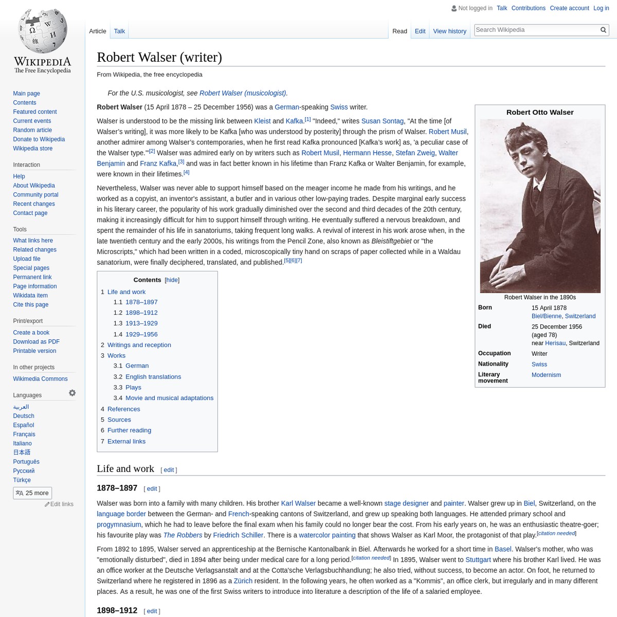 Robert Walser (writer) - Wikipedia — Are.na