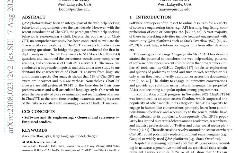 Who Answers It Better? An In-Depth Analysis of ChatGPT and Stack Overflow Answers to Software ...