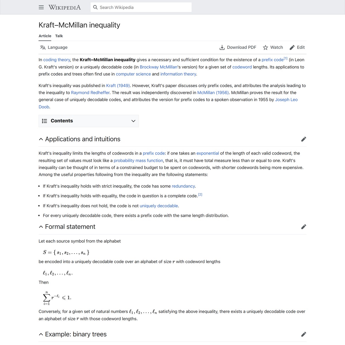 Kraft–McMillan inequality - Wikipedia — Are.na