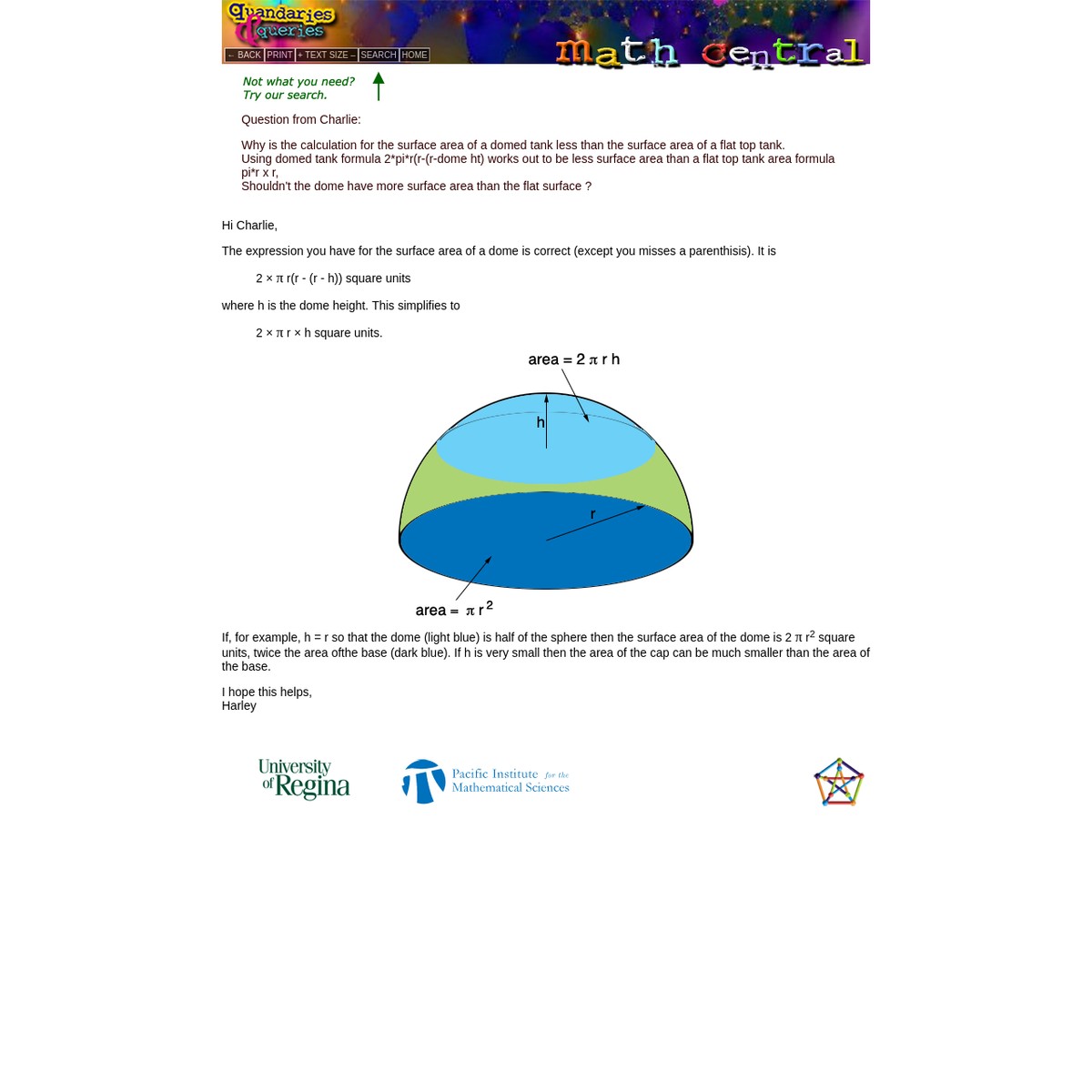 Surface area of a dome - Math Central — Are.na