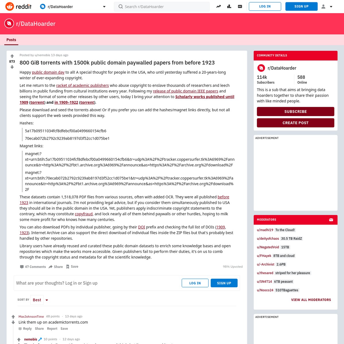 r/DataHoarder - 800 GiB torrents with 1500k public domain paywalled papers from before 1923 — Are.na